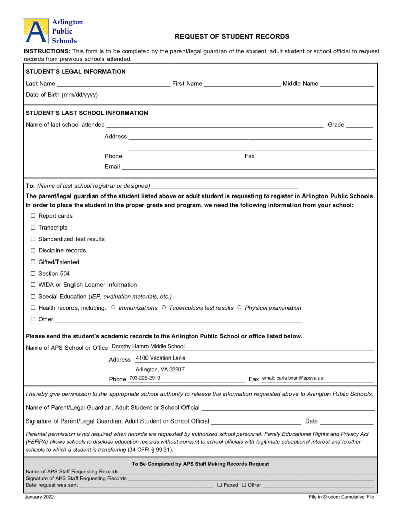 Request of Student Records - Dorothy Hamm Middle School