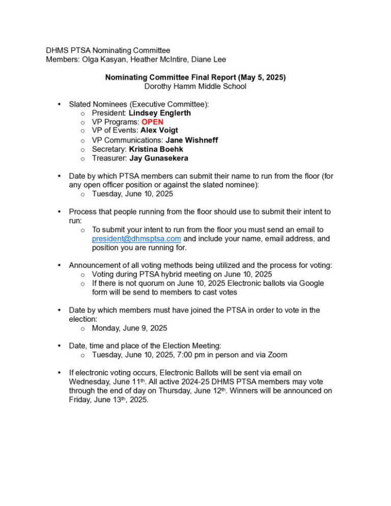 DHMS PTSA Nominating Committee Report 2025 Final - Dorothy Hamm Middle ...